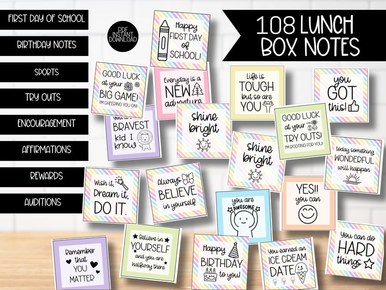 Printable Lunch Box Notes Preschool for Kids Encouragement Bundle ...