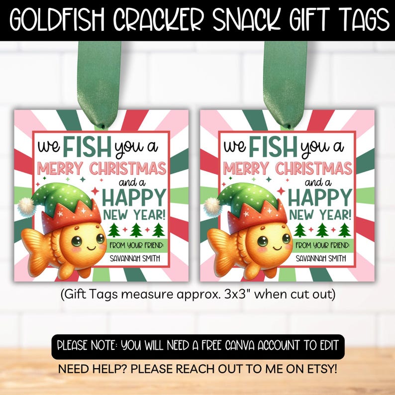 Holiday Goldfish Cracker Kids Teacher Class Treat Gift Tags, Editable ...