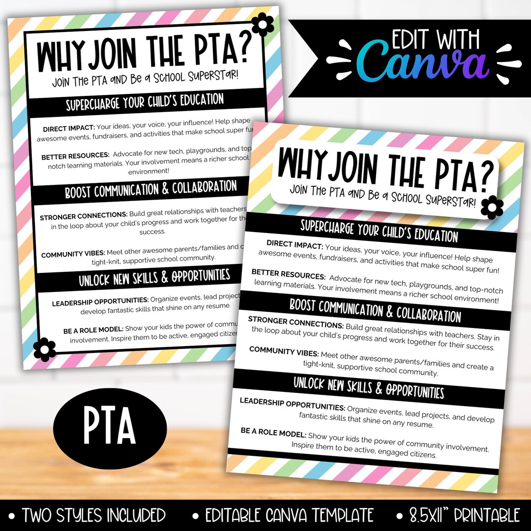 Why Join the PTA Flyer Editable Canva Template, Rainbow PTA Bulletin Board Info Printables ...