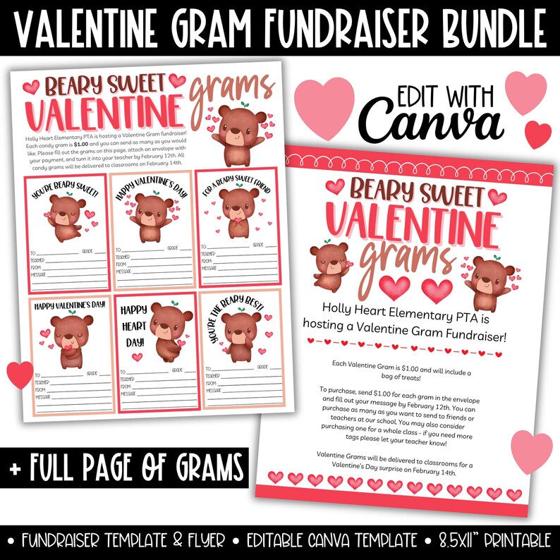 Valentine's Day Gram Fundraiser Flyer Bundle, Beary Sweet Candy Grams ...