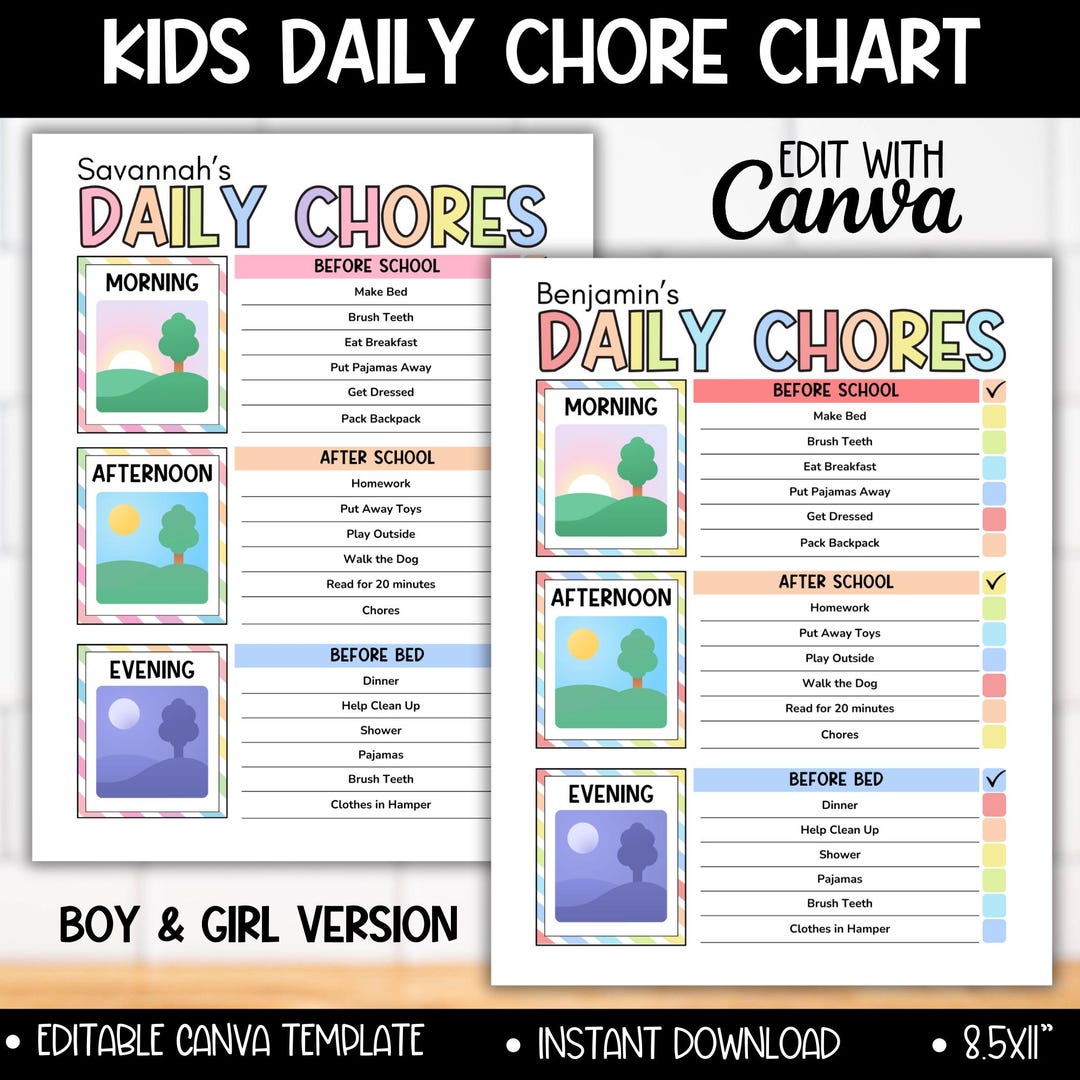 Editable Kids Chore Chart, Kids to Do List, Daily School Chores ...