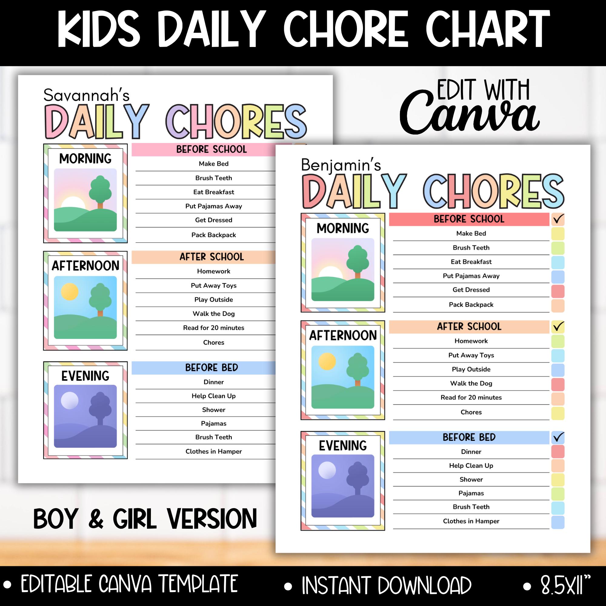 Editable Kids Chore Chart, Kids to Do List, Daily School Chores ...