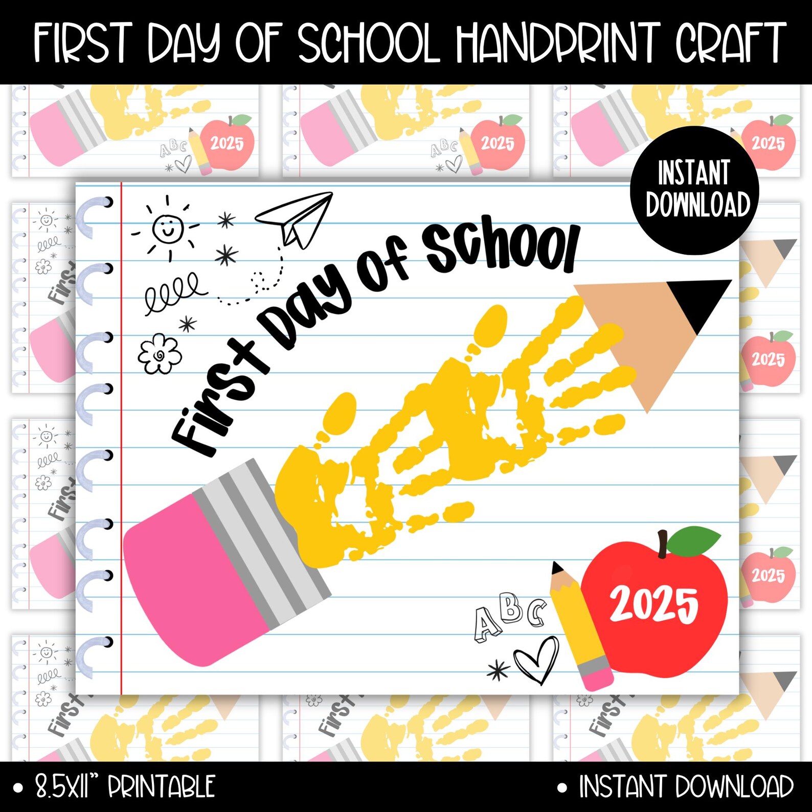 2025 First Day of School Pencil Apple Handprint Printable Craft, 1st ...