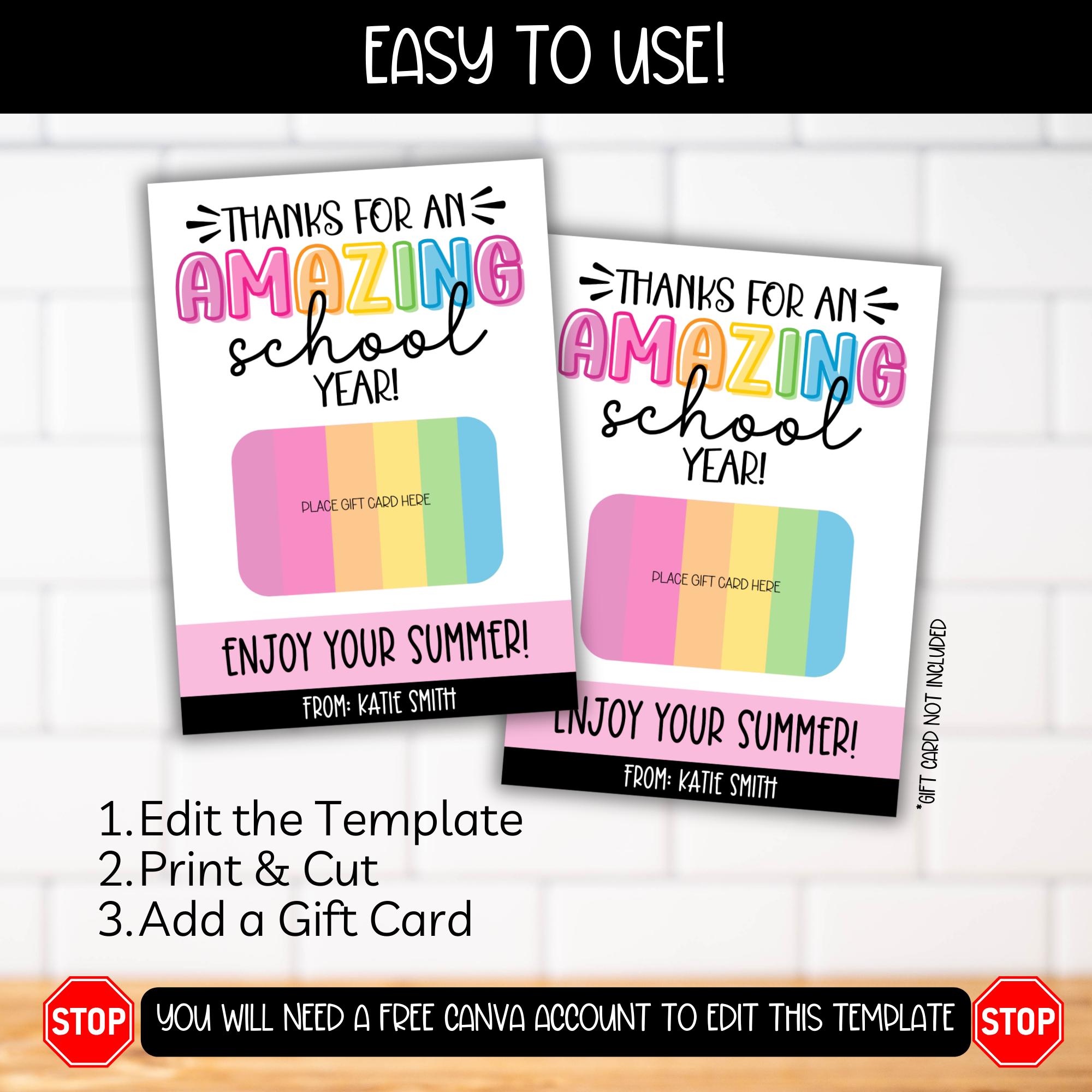 End of Year Teacher Staff Appreciation Amazing School Year Gift Card ...