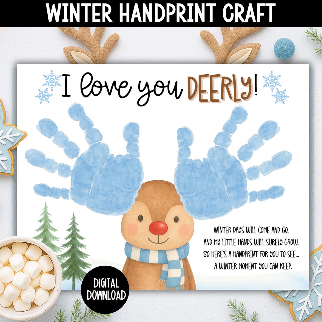Winter Reindeer Handprint Craft Printable, Christmas Deer Hand Art ...
