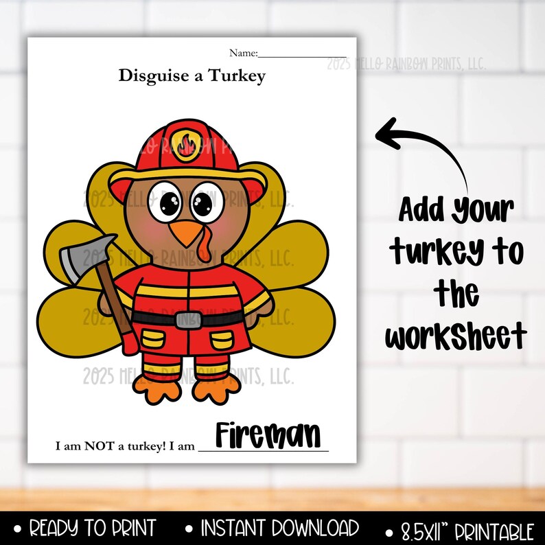 Disguise the Turkey Fireman Printable Craft Kit, Kids Thanksgiving ...