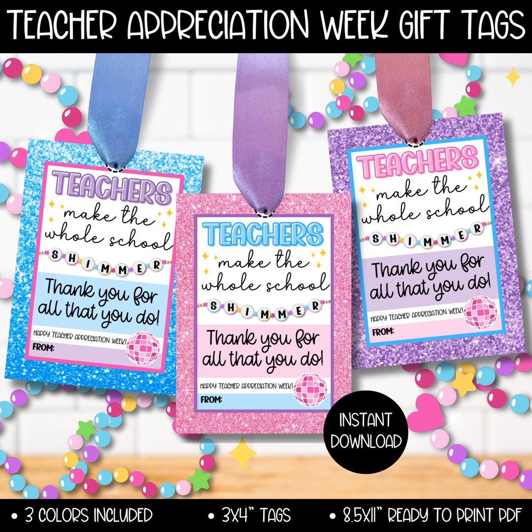 Teacher Staff Appreciation Week Glitter Bracelet Gift Tags, Pop Star ...
