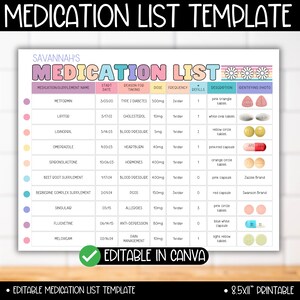 Medication Supplement List Tracker Log Chart Printable Template ...