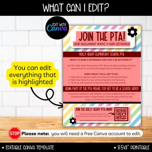 Join the PTA Flyer Editable Canva Template, Rainbow PTA Bulletin Board ...