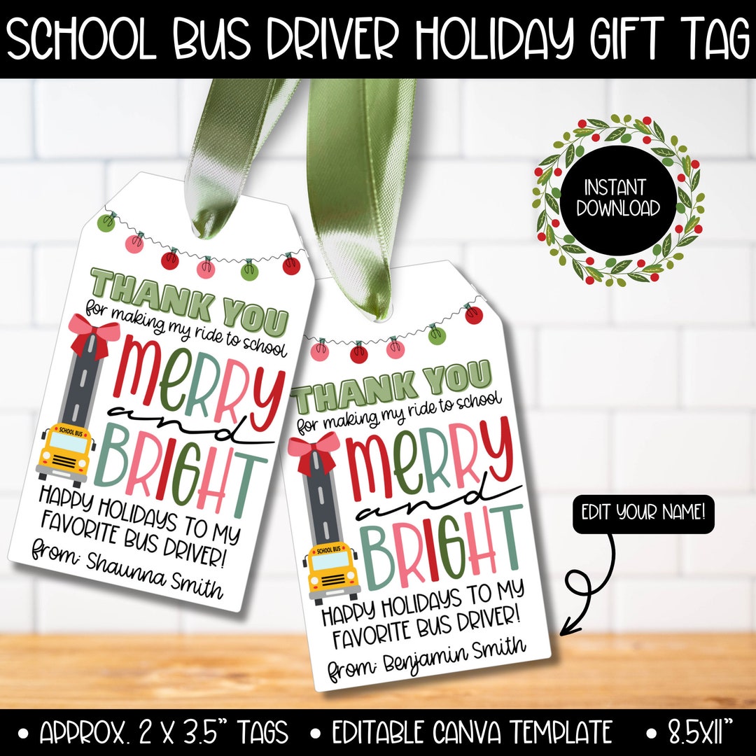 School Bus Driver Christmas Gift Tag Card, PTA PTO Staff Appreciation ...