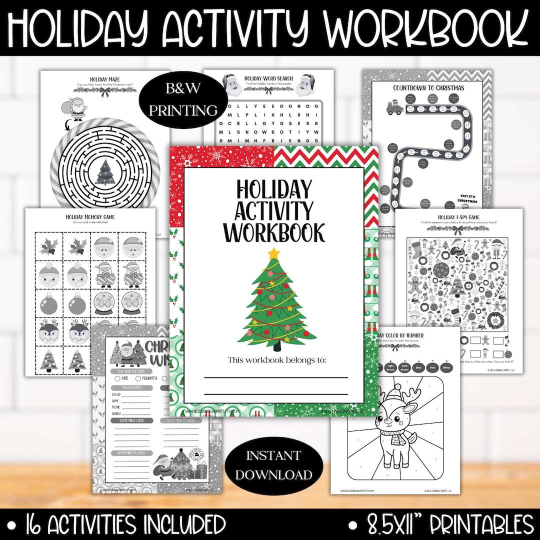 Christmas Activity Workbook Worksheet Black White Printing, Holiday ...