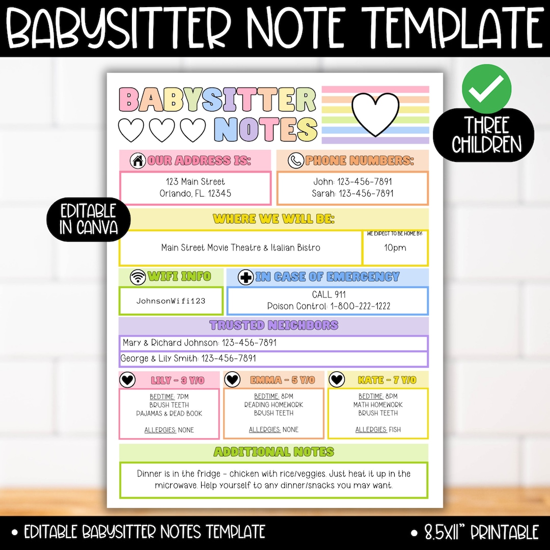 Babysitter Note Editable Template 3 CHILDREN, Emergency Contact List ...
