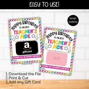 Teacher Aide Birthday Day Gift Card Holder, Teacher's Aide Bday Gifts ...