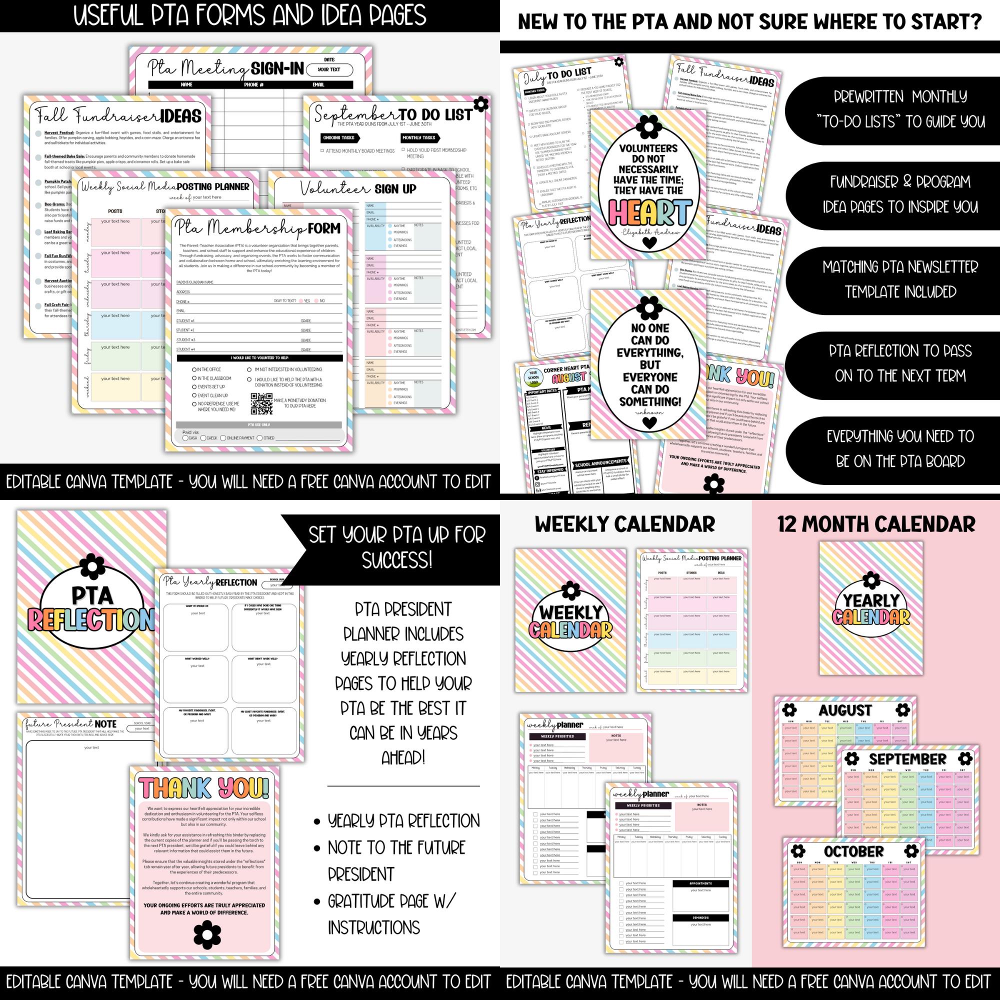 Editable PTA President Planner Canva BUNDLE, Membership Forms ...