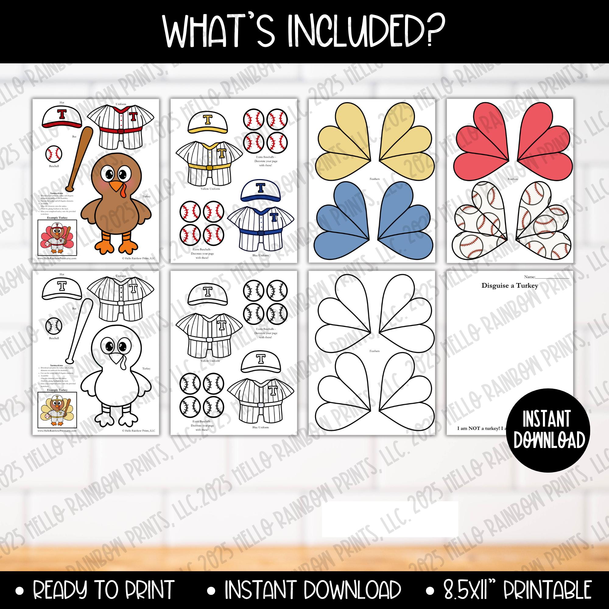 Baseball Player Turkey Disguise Printable Craft Kit, Thanksgiving ...