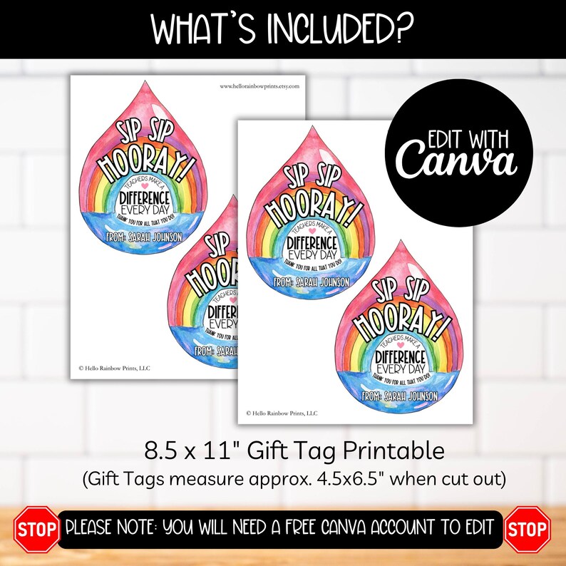 Teacher Appreciation Water Bottle Tumbler Gift Tag, Editable Sip Sip ...
