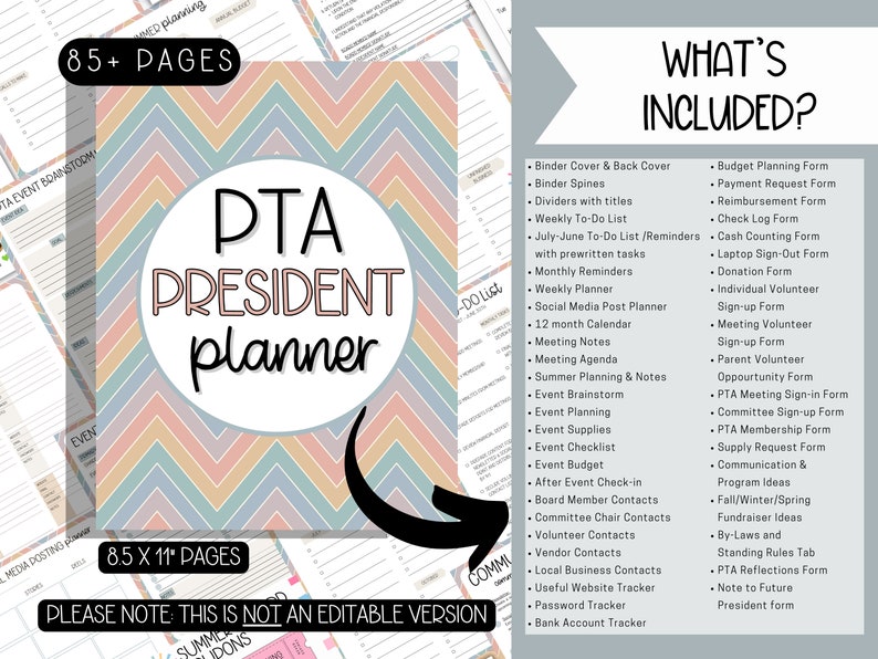 PTA President Planner Binder Printable Calendar Sign-in Budget ...