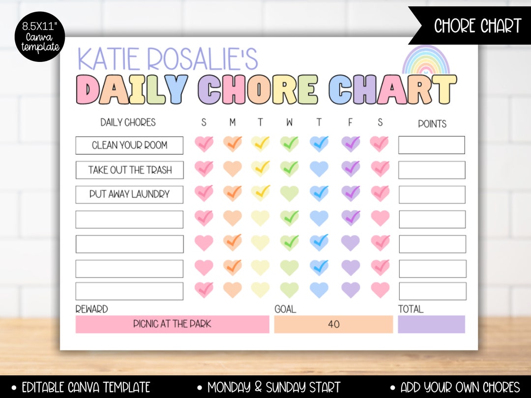 Editable Colorful Kid Chore Chart, Cleaning Schedule Planner, Family ...