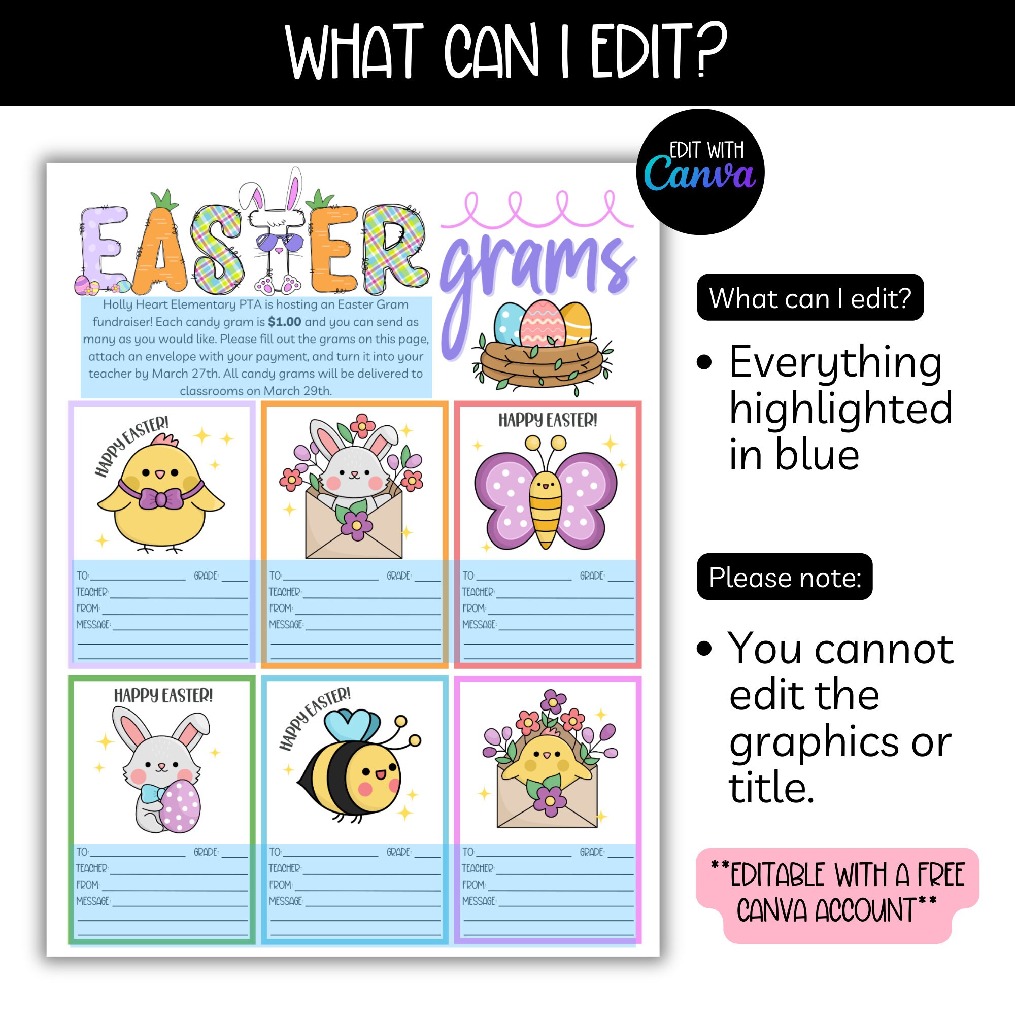 PTA PTO Easter Candy Grams Template Fundraiser, Bunny Grams, Spring ...