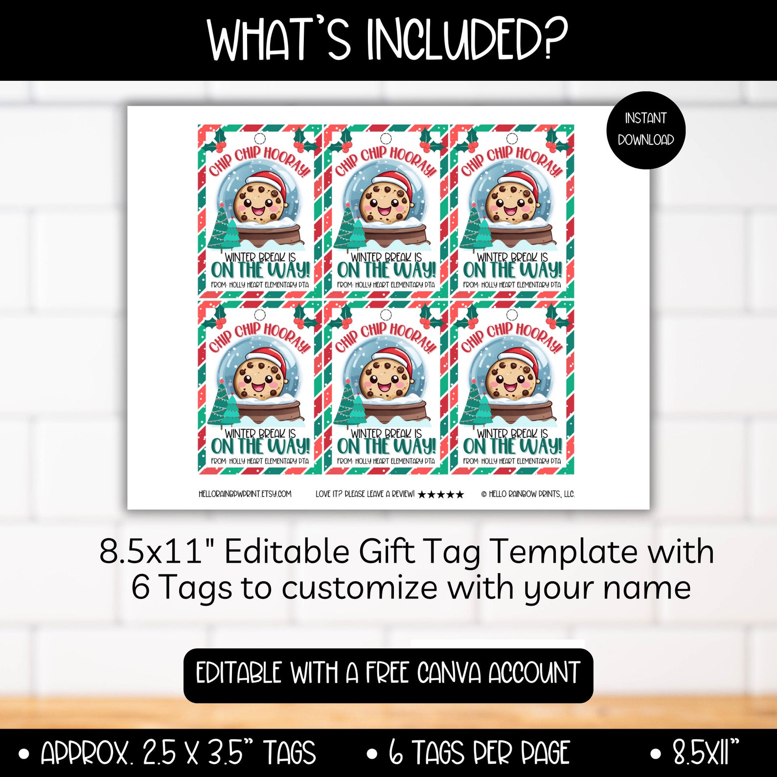 Christmas Holiday Chocolate Chip Cookie Treat Goody Bag Tag, PTA PTO ...