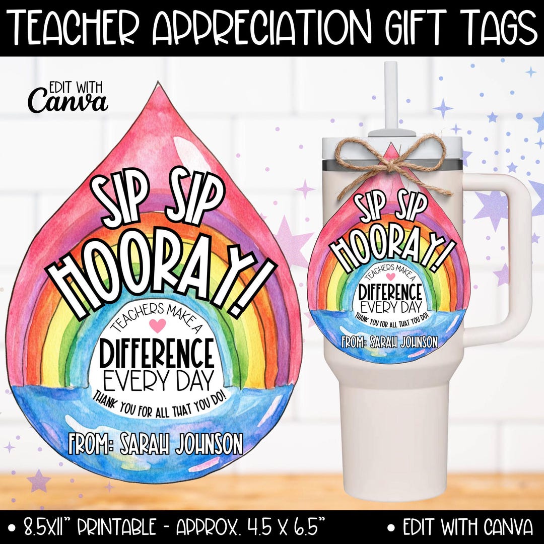 Teacher Appreciation Water Bottle Tumbler Gift Tag, Editable Sip Sip ...
