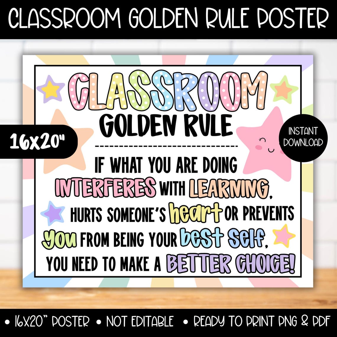 Pastel Rainbow Classroom Golden Rule Poster, Kindergarten Class Rules ...
