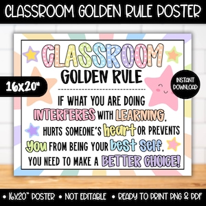 Pastel Rainbow Classroom Golden Rule Poster, Kindergarten Class Rules ...