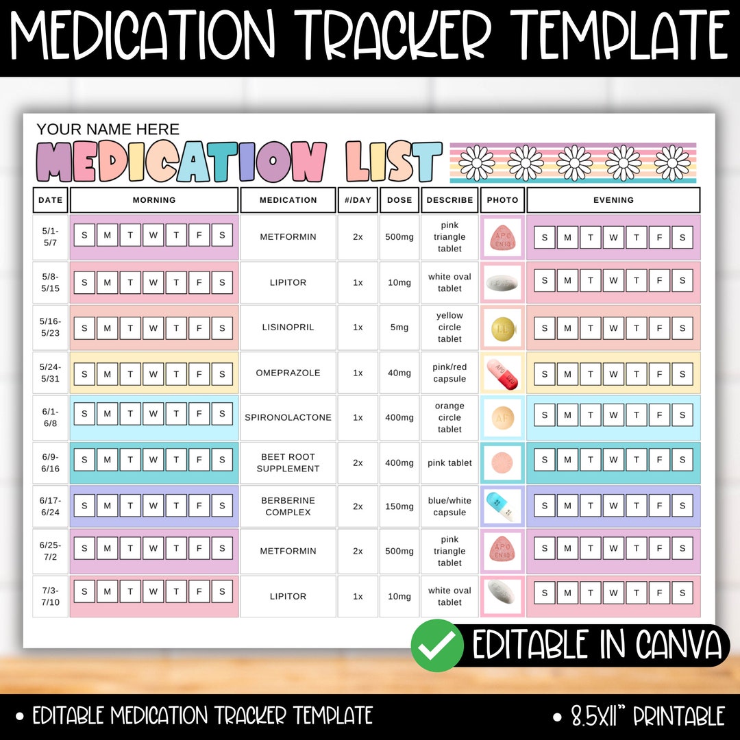 Medication Supplement List Rainbow Tracker Log Chart Template With ...