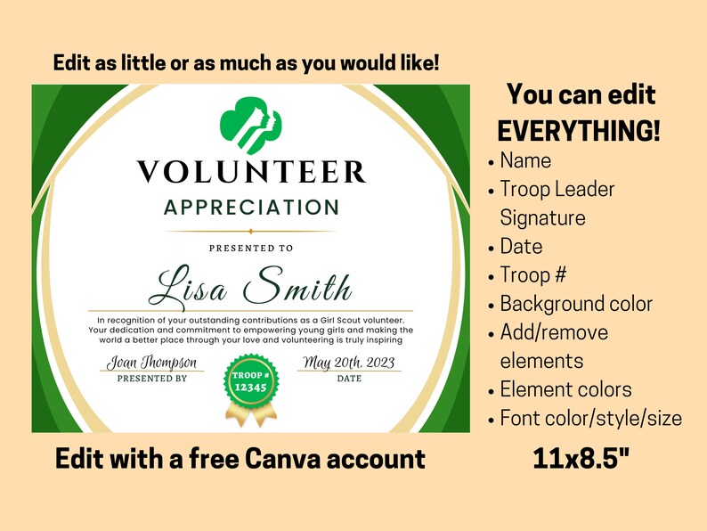 Girl Scout Volunteer Appreciation Certificate Template Girl - Etsy