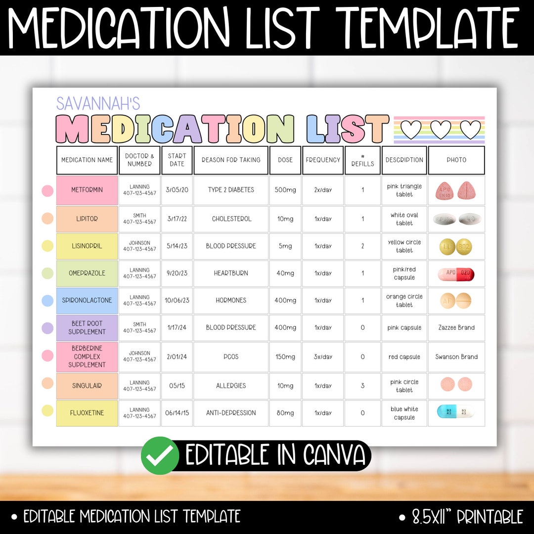 Medication Supplement List Tracker Log Chart Printable Template ...