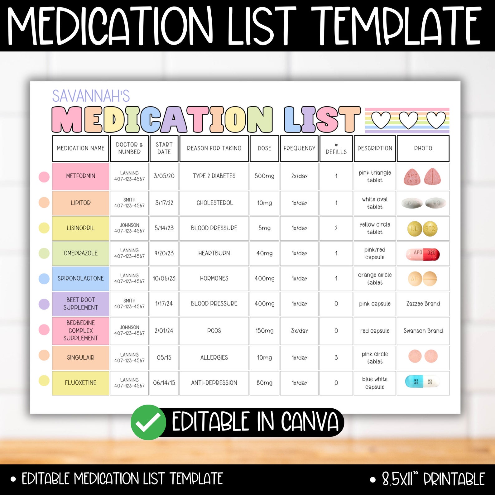 Medication Supplement List Tracker Log Chart Printable Template ...