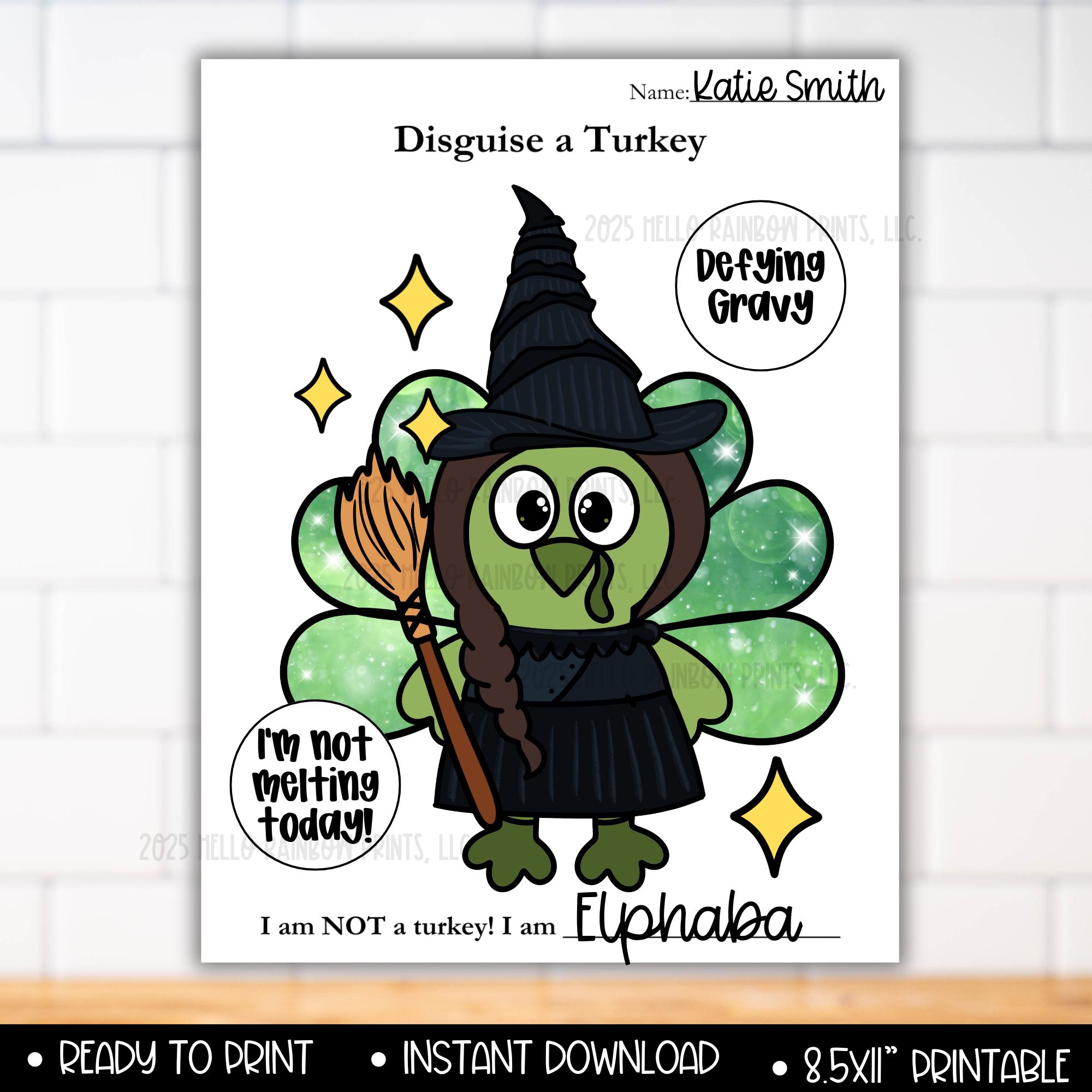 Disguise the Turkey Wicked Witch Printable Craft Kit, Elphaba Coloring ...