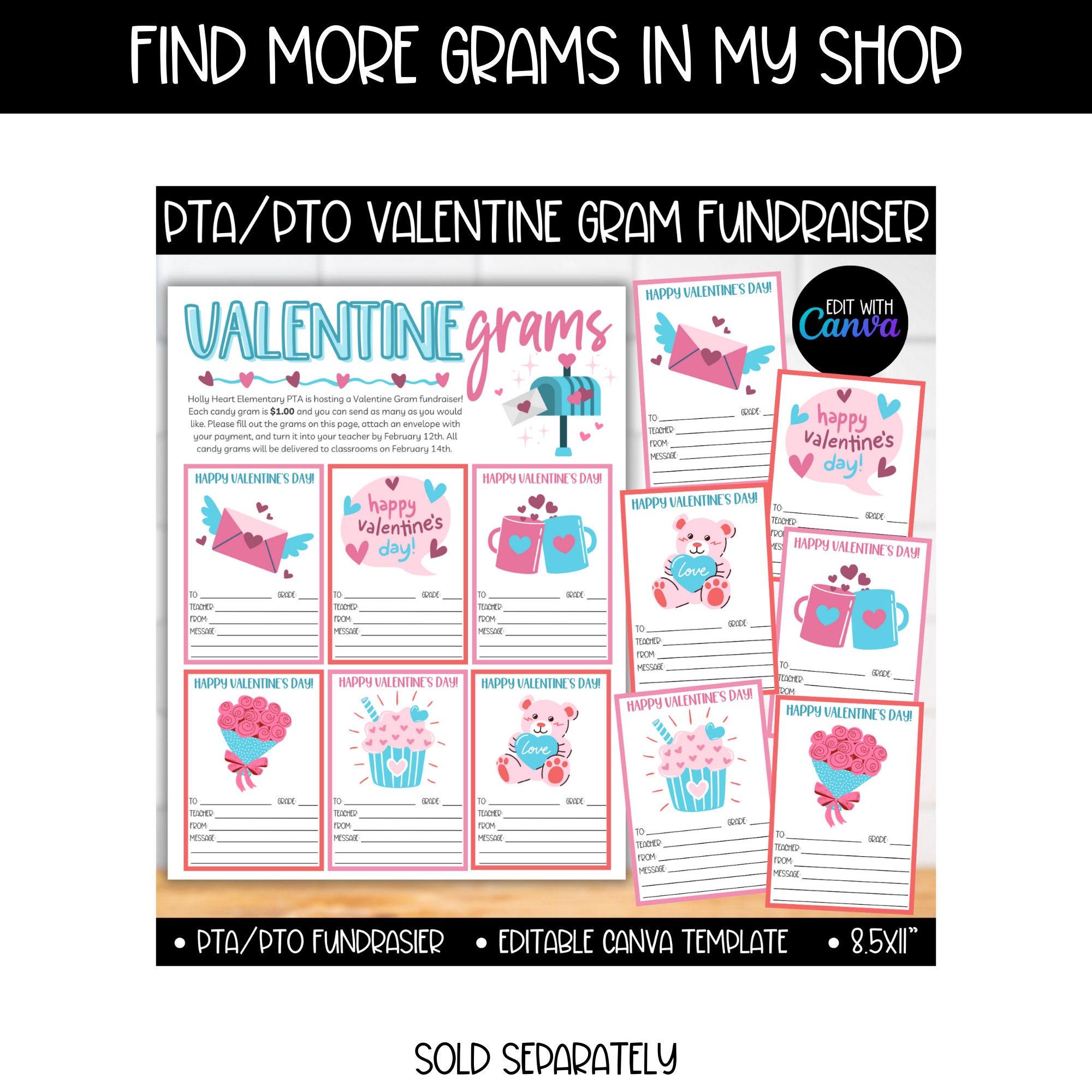 Valentines Day Candy Gram Fundraiser Flyer Forms Tag Template PTA PTO ...