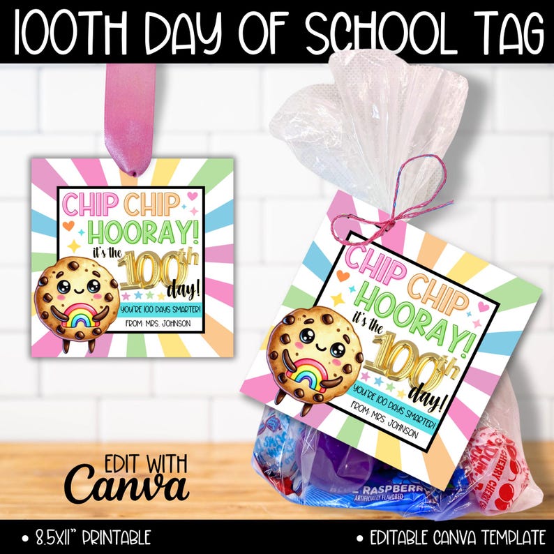 Happy 100th Day of School Cookie Treat Gift Tags, One Hundred Days of ...