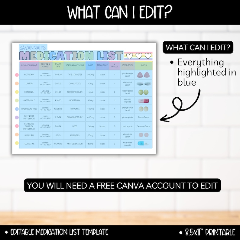 Medication Supplement List Tracker Log Chart Printable Template ...