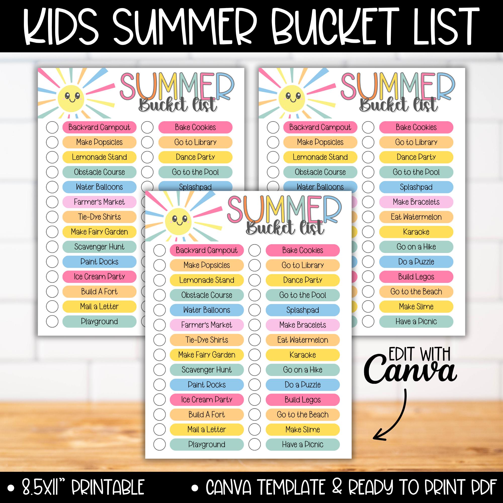 Editable Summer Bucket List for Kids, Summer Family Bucketlist Planner ...