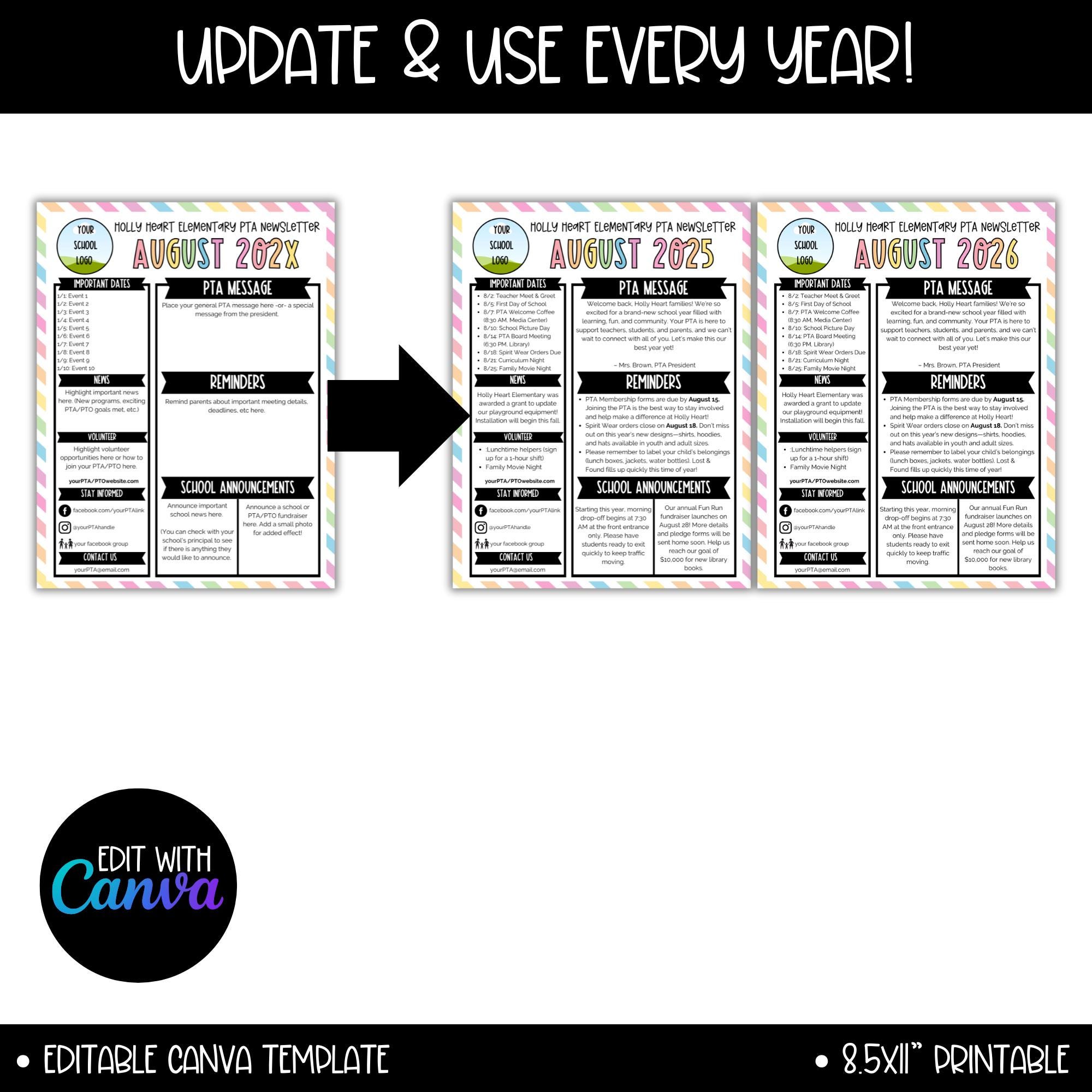 Editable PTA Newsletter Bundle Template, PTA Monthly School News Events ...