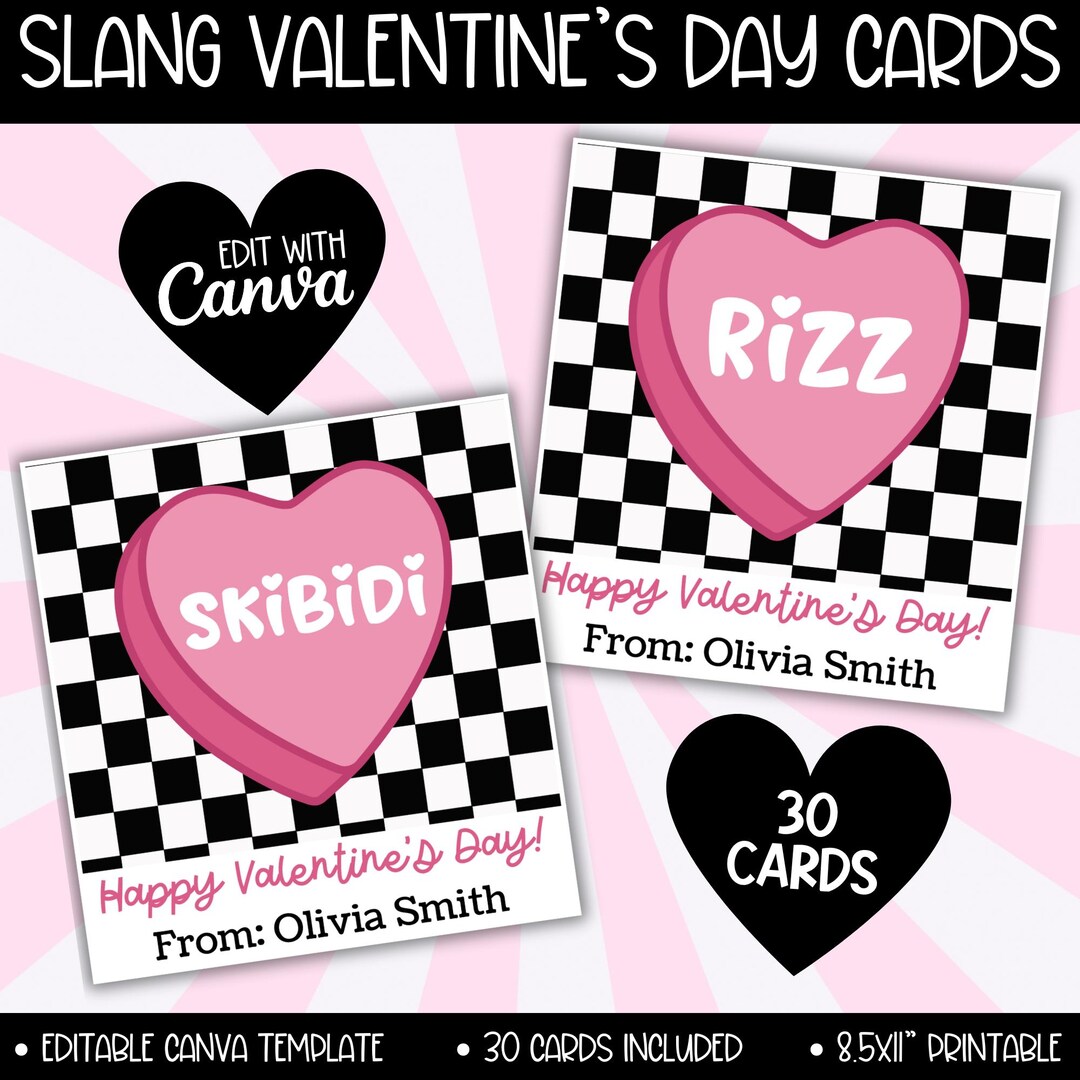 Slang Word Trendy Valentine's Day Cards for Middle High School, Skibidi ...