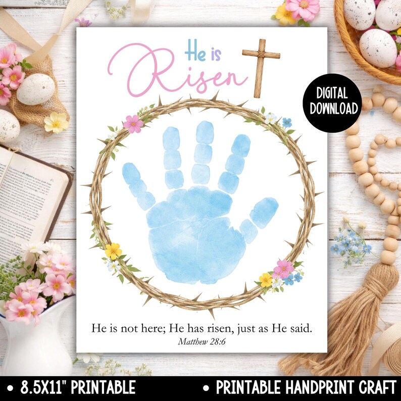Christian Easter Handprint Craft Printable, He is Risen Bible Verse ...