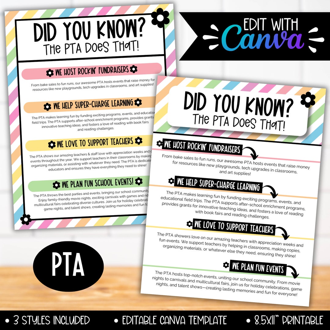 Did You Know the PTA Does That Flyer Editable Canva Template, PTA Rainbow Bulletin Board Info ...