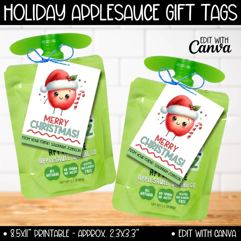 Holiday Applesauce Kids Class Treat Gift Tags, Editable Christmas Apple ...