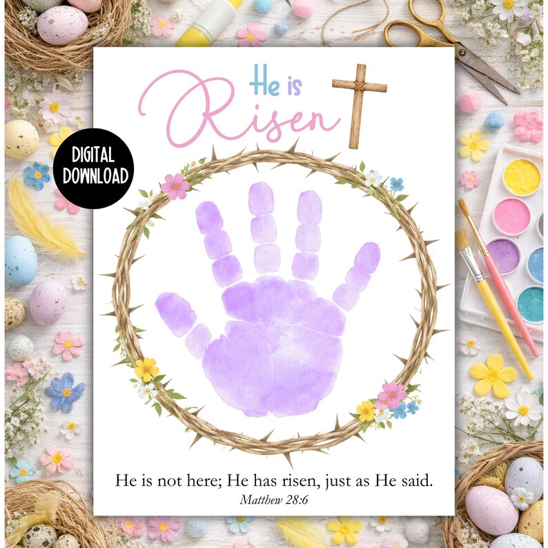 Christian Easter Handprint Craft Printable, He is Risen Bible Verse ...