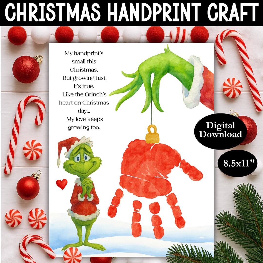 Christmas Grinch Handprint Ornament Craft, Grinchmas Holiday Poem Art ...