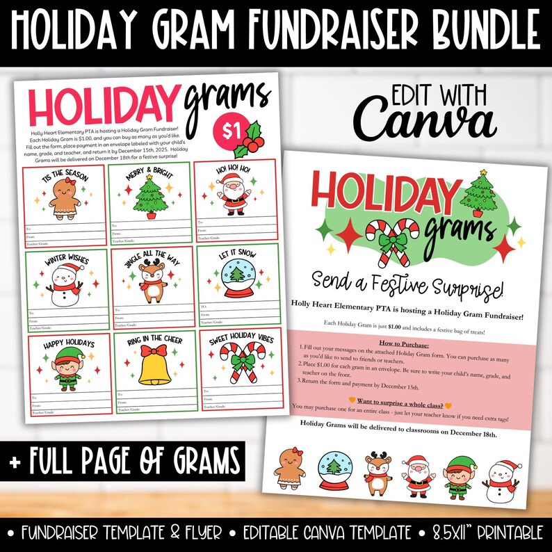 Christmas Grams Fundraiser Kit, Holiday Candy Cane Gram Tags Printable ...