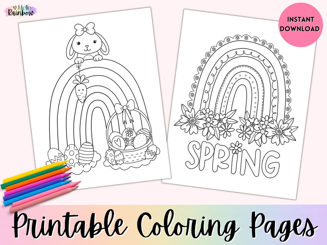 Spring Easter Bunny Coloring Page Sheet Printable Spring Rainbow Easter ...