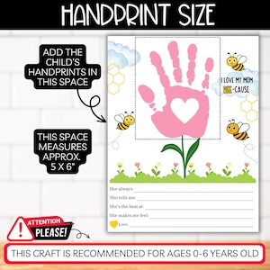 Mother's Day Bee Flower Handprint Craft, Gift for Mom Printable, Spring ...