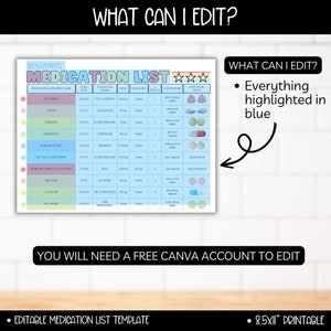 Editable Current Medication Health List Chart Tracker, Medicine Pill ...
