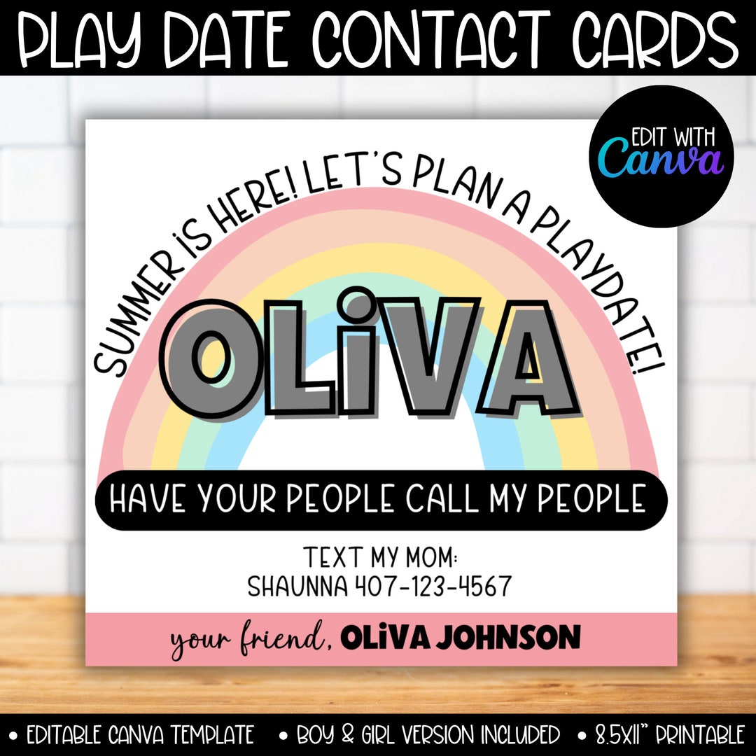 Rainbow Name Playdate Cards Girl Template, Keep in Touch Cards, End ...
