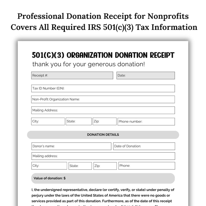 Nonprofit Donation Receipt Template, Editable 501c3 Form for PTA PTO ...
