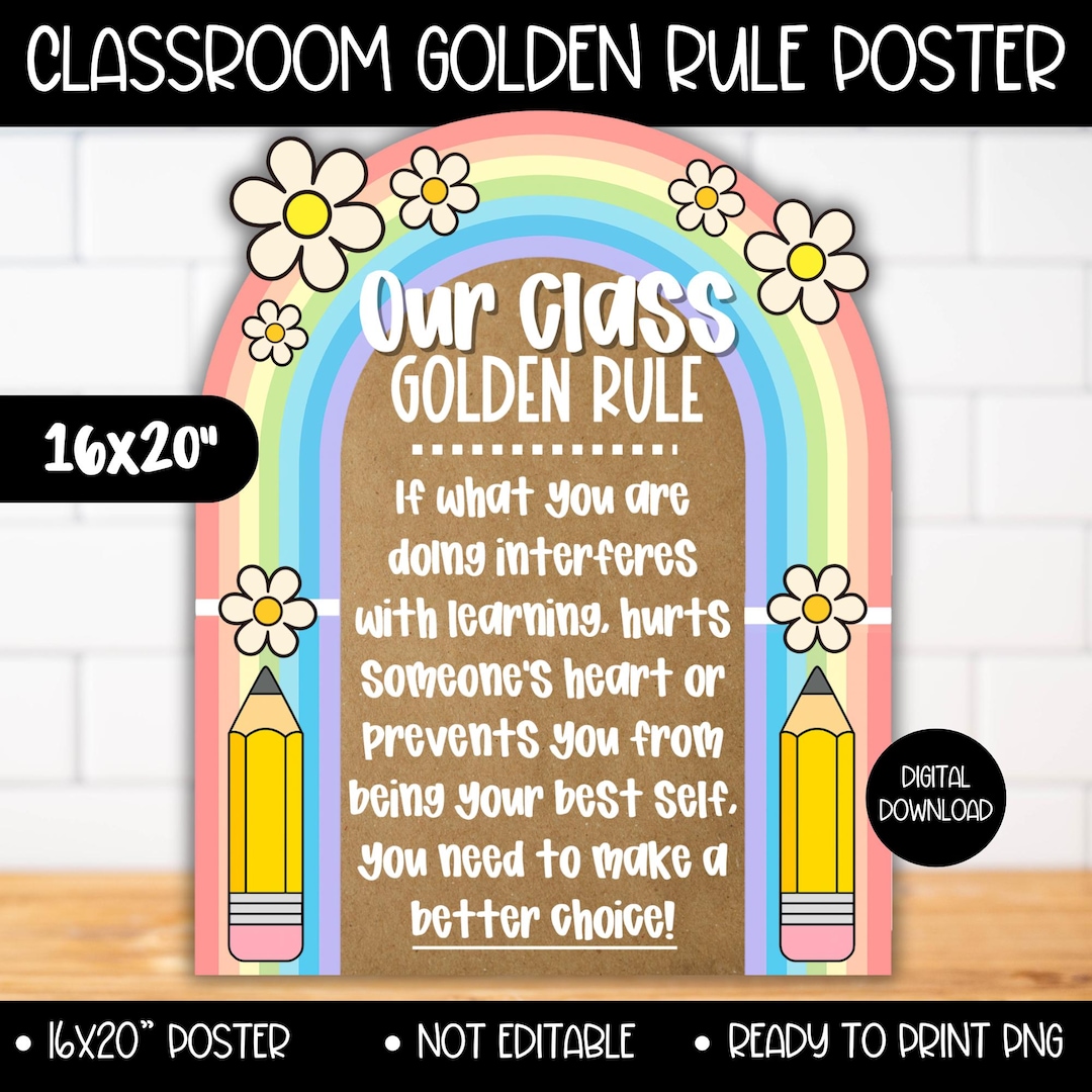 Pastel Rainbow Classroom Golden Rule Poster, Kindergarten Daisy Class ...
